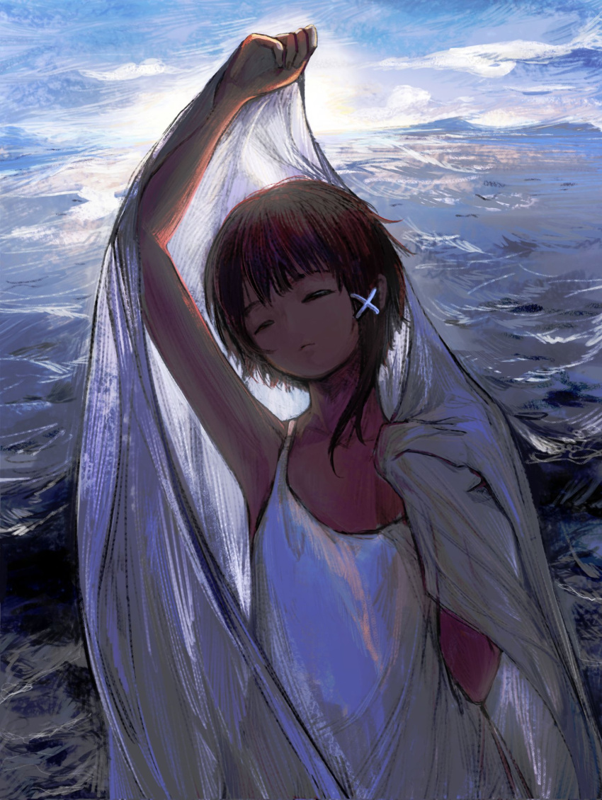 Safebooru - 1girl arm up brown hair camisole closed eyes closed mouth ...