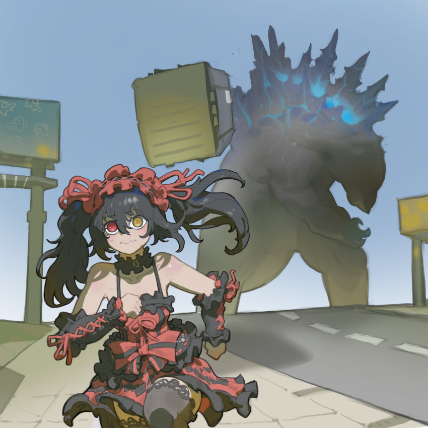 Safebooru - 1boy 1girl absurdres bare shoulders billboard black choker black hair choker date a ...