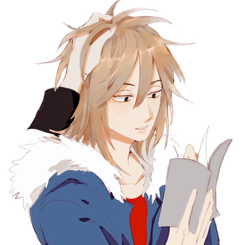 Safebooru - 1boy blue jacket book brown hair collarbone commentary ...