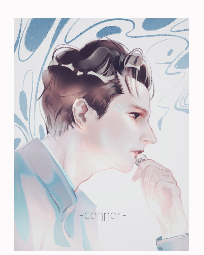 Safebooru - 1boy between fingers blue shirt border brown eyes brown ...