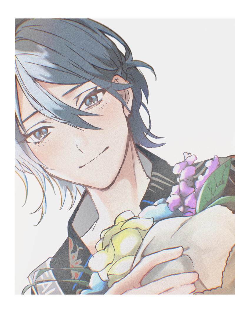 Safebooru - 18trip 1boy absurdres b k hno black shirt blue flower blush border bouquet closed ...