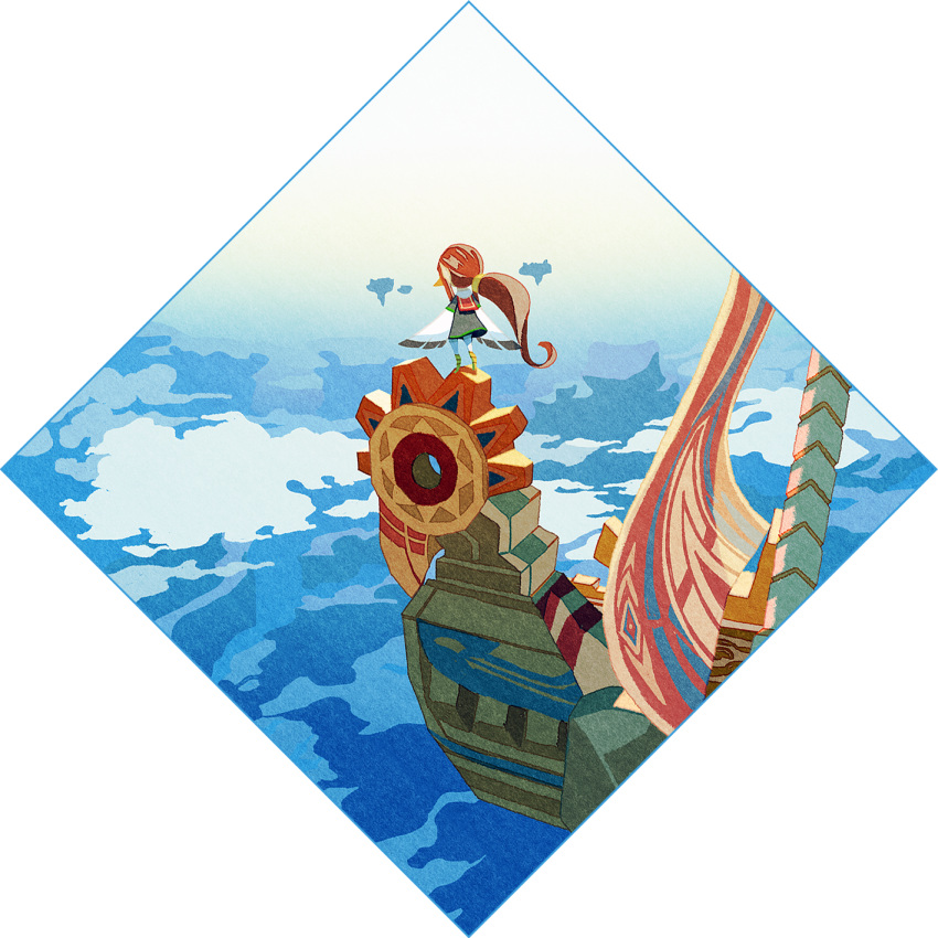 Safebooru - 1girl aircraft airship beak bird girl brown hair clouds ...