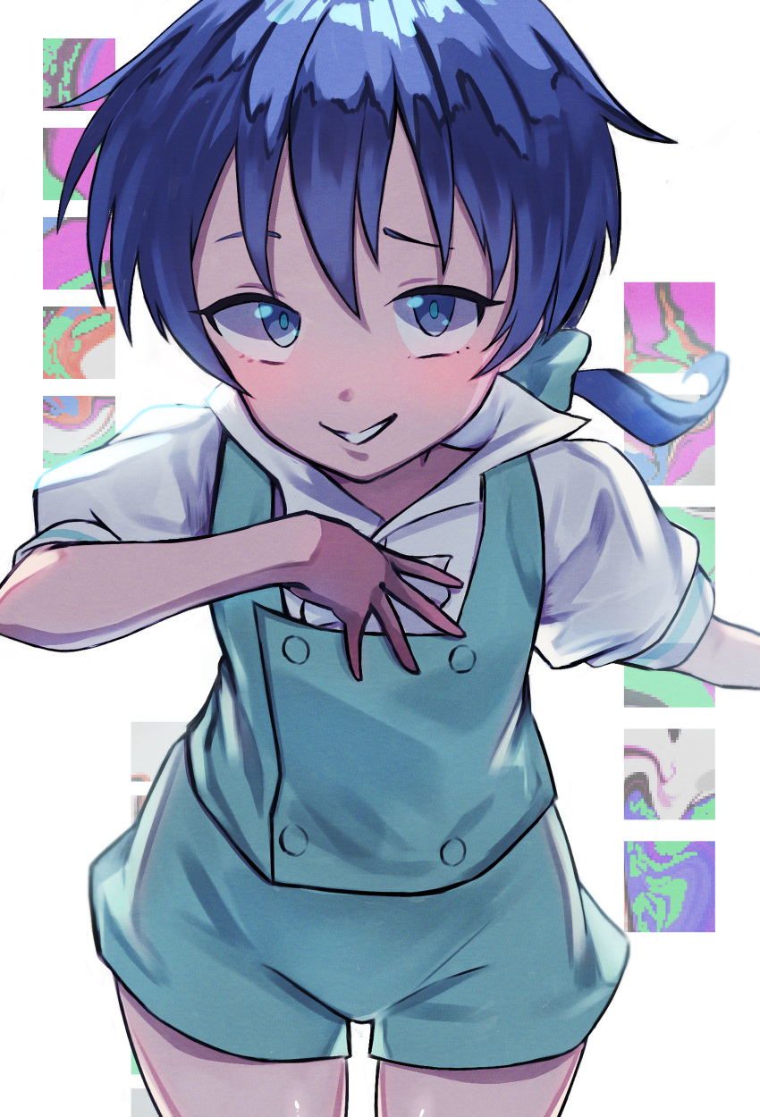 Safebooru - 1boy absurdres blue eyes blue hair feet out of frame green ...