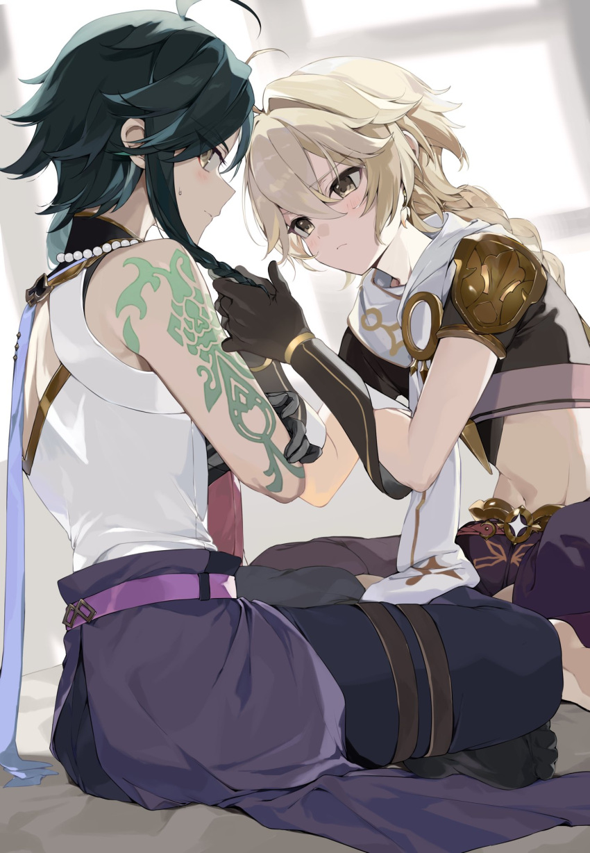 Safebooru - 2boys 52hz mayday aether (genshin impact) ahoge arm armor arm tattoo armor baggy ...