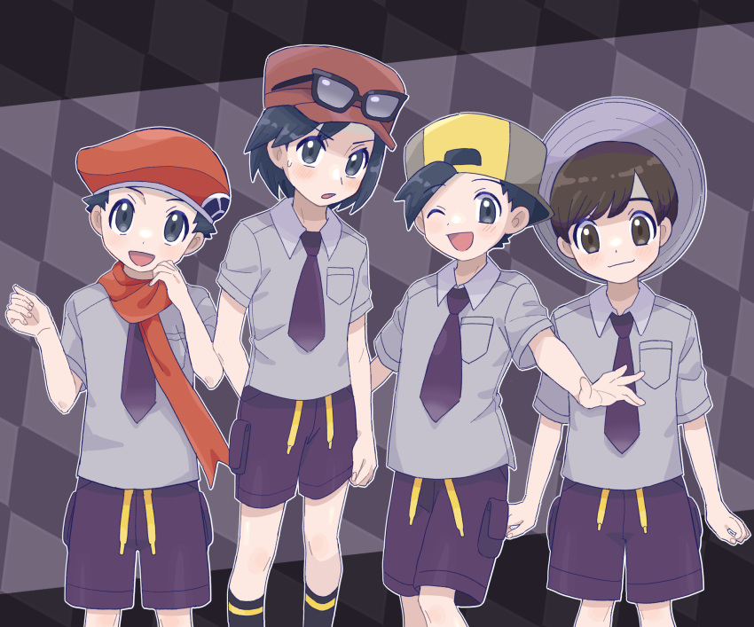 Safebooru - 4boys :d backwards hat black-framed eyewear black hair black socks blush brown eyes ...