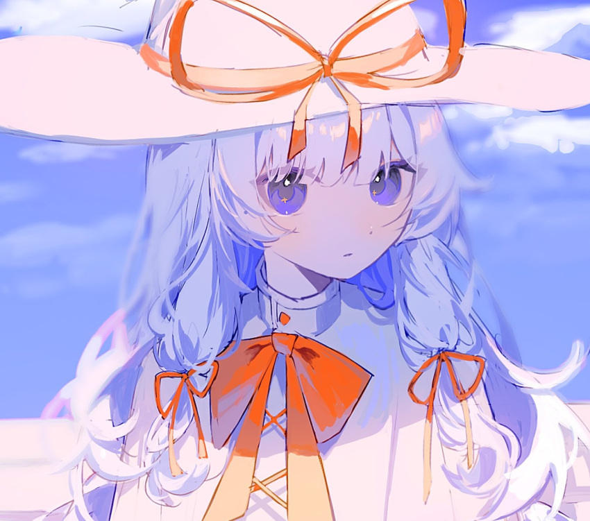 Safebooru - 1girl bad id bad twitter id blue background clouds commentary request day eyes ...