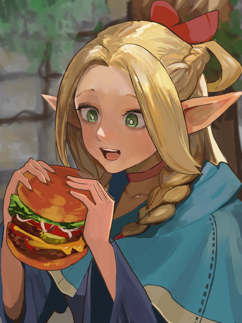 Safebooru - 1girl :d blonde hair blue capelet blue robe braid burger capelet choker dungeon ...