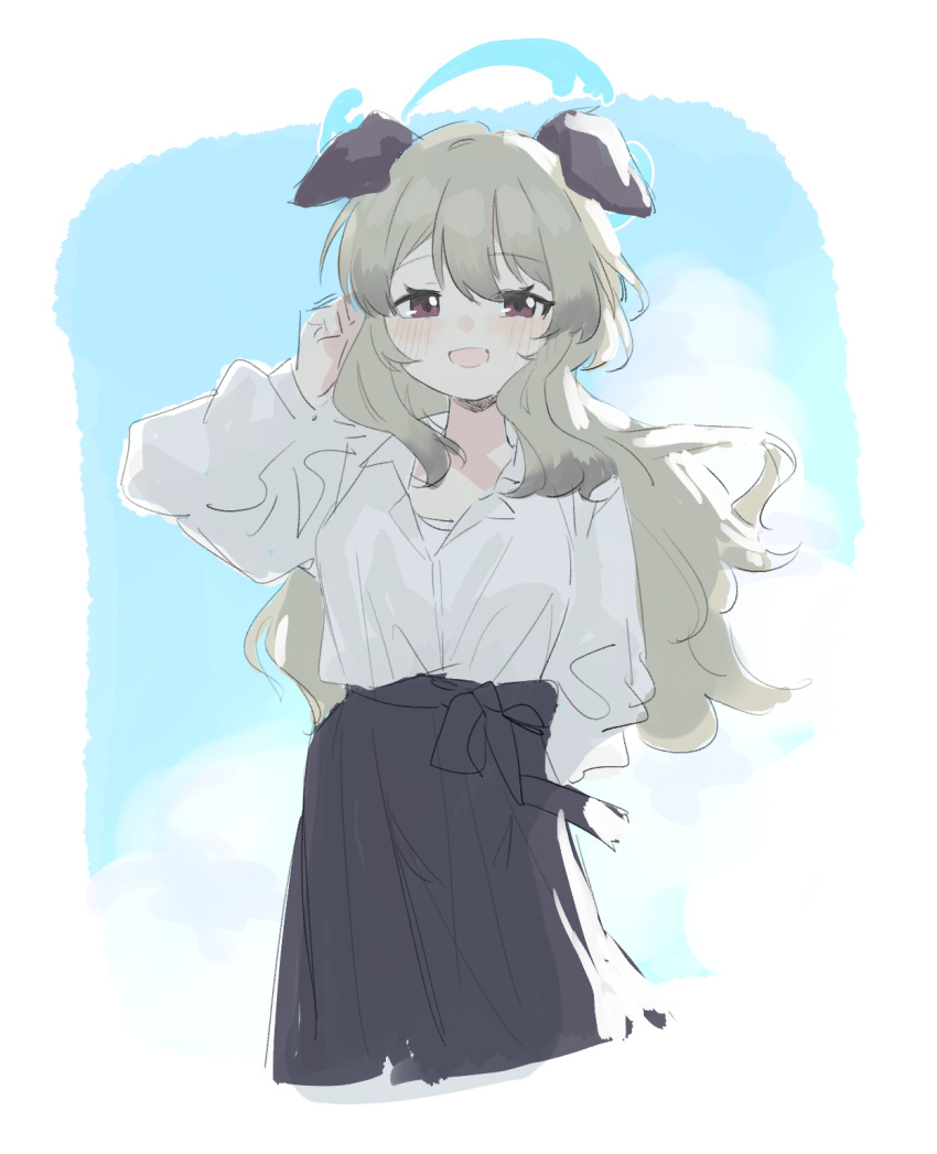 Safebooru - 1girl animal ears black skirt blue archive blue halo blush brown eyes collared shirt ...