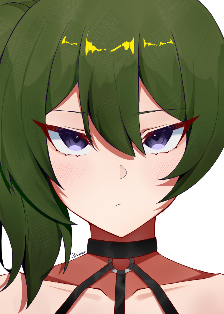 Safebooru - 1girl absurdres artist name bare shoulders blush collarbone green hair highres ...