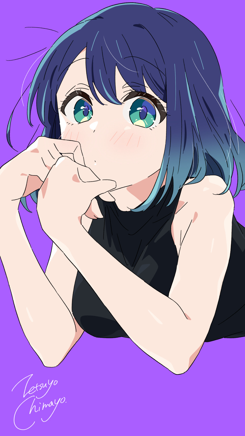 Safebooru - 1girl absurdres arm support bare arms bare shoulders black tank top blue hair ...