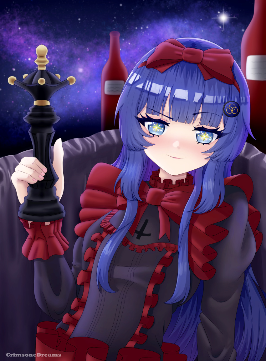 Safebooru - 1girl absurdres black dress black souls blue hair blush bottle chess piece ...