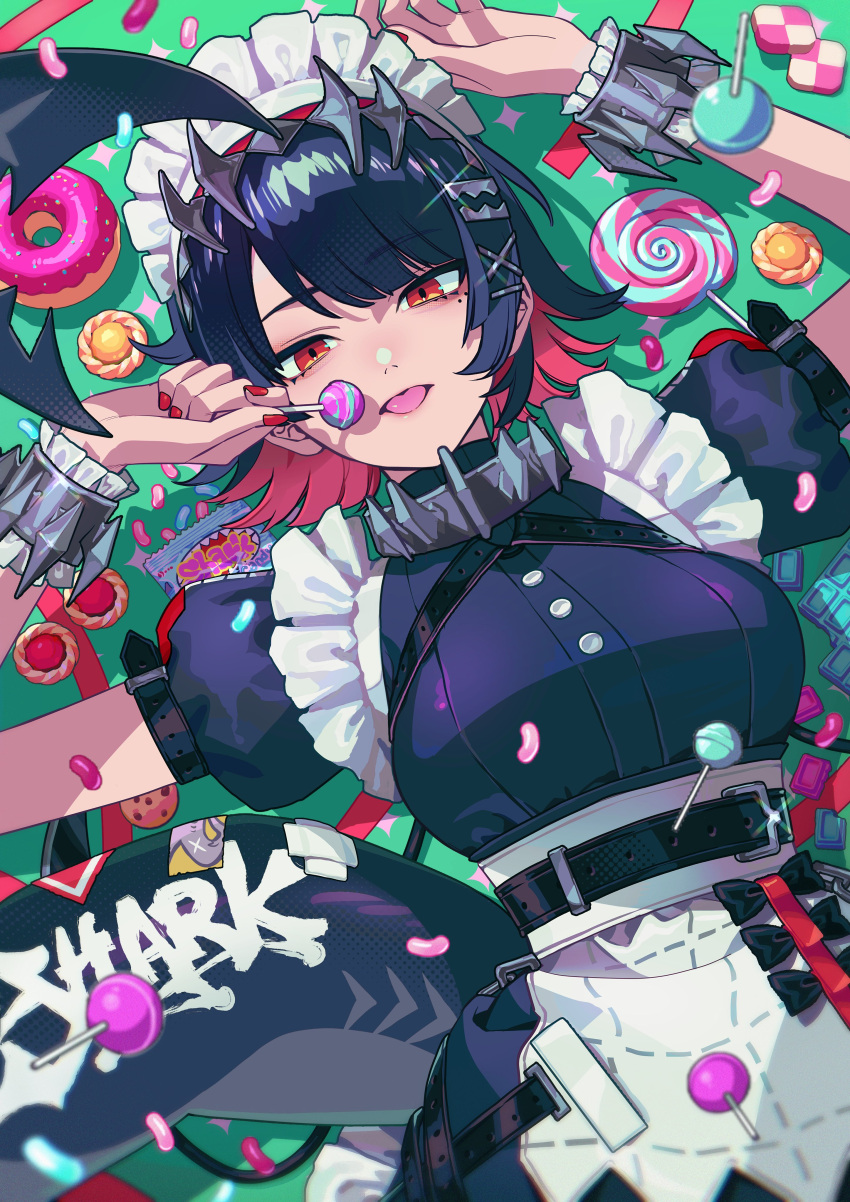 Safebooru - 1girl absurdres akiakane black dress black hair black tail breasts candy doughnut ...