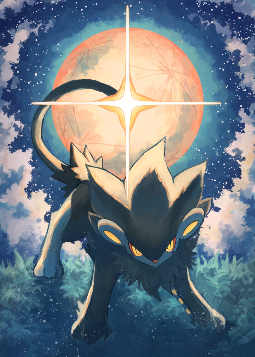 Safebooru - 7 phi 3 all fours black fur black tail blue fur body fur full body full moon grass ...