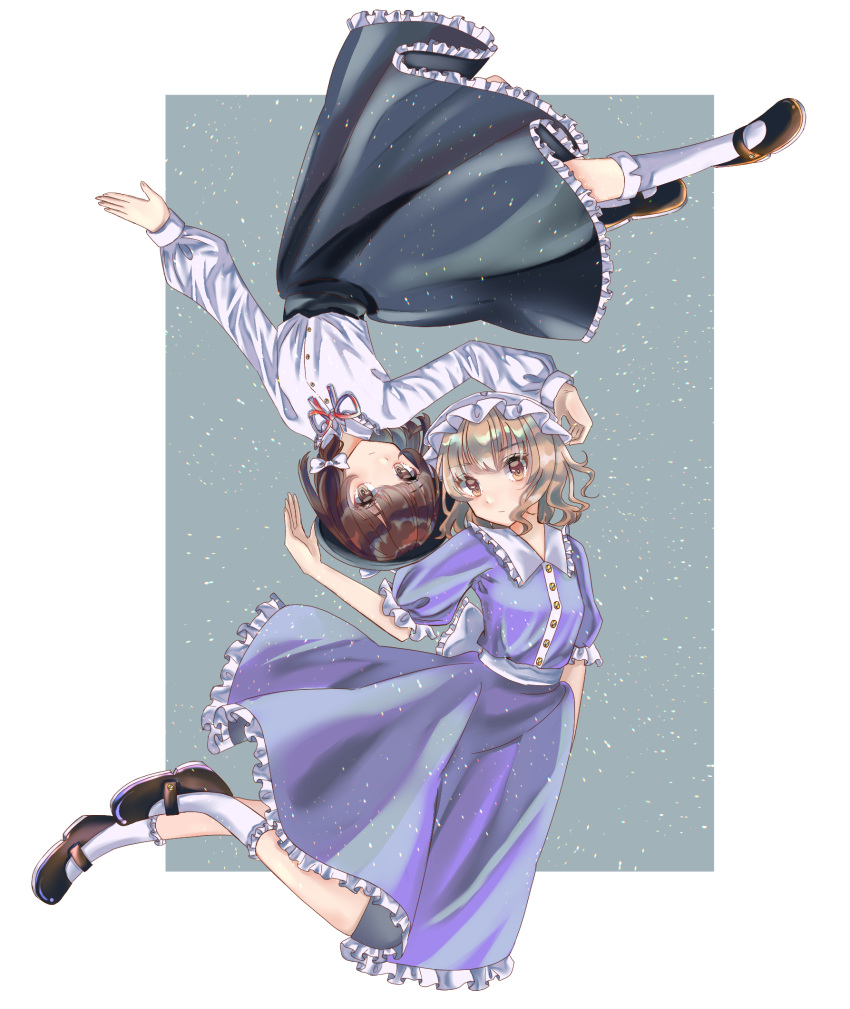 Safebooru - 2girls black hat black skirt blonde hair brown hair dress hat highres kneehighs long ...