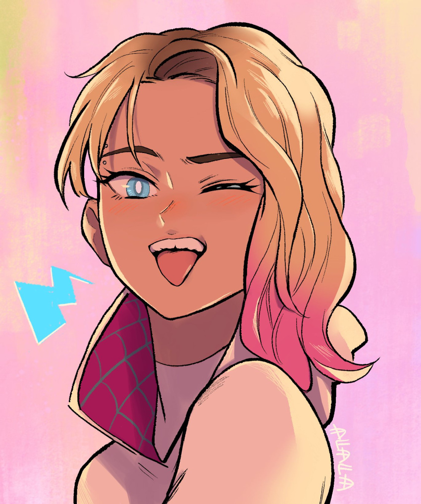 Safebooru - 1girl asymmetrical hair blonde hair blue eyes eyebrow piercing gwen stacy highres ...