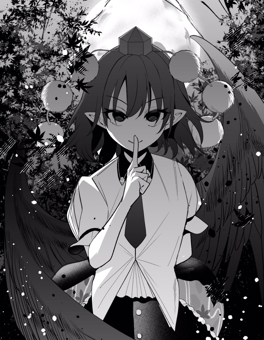 Safebooru - 1girl bird wings closed mouth full moon greyscale hat highres leaf print looking at ...