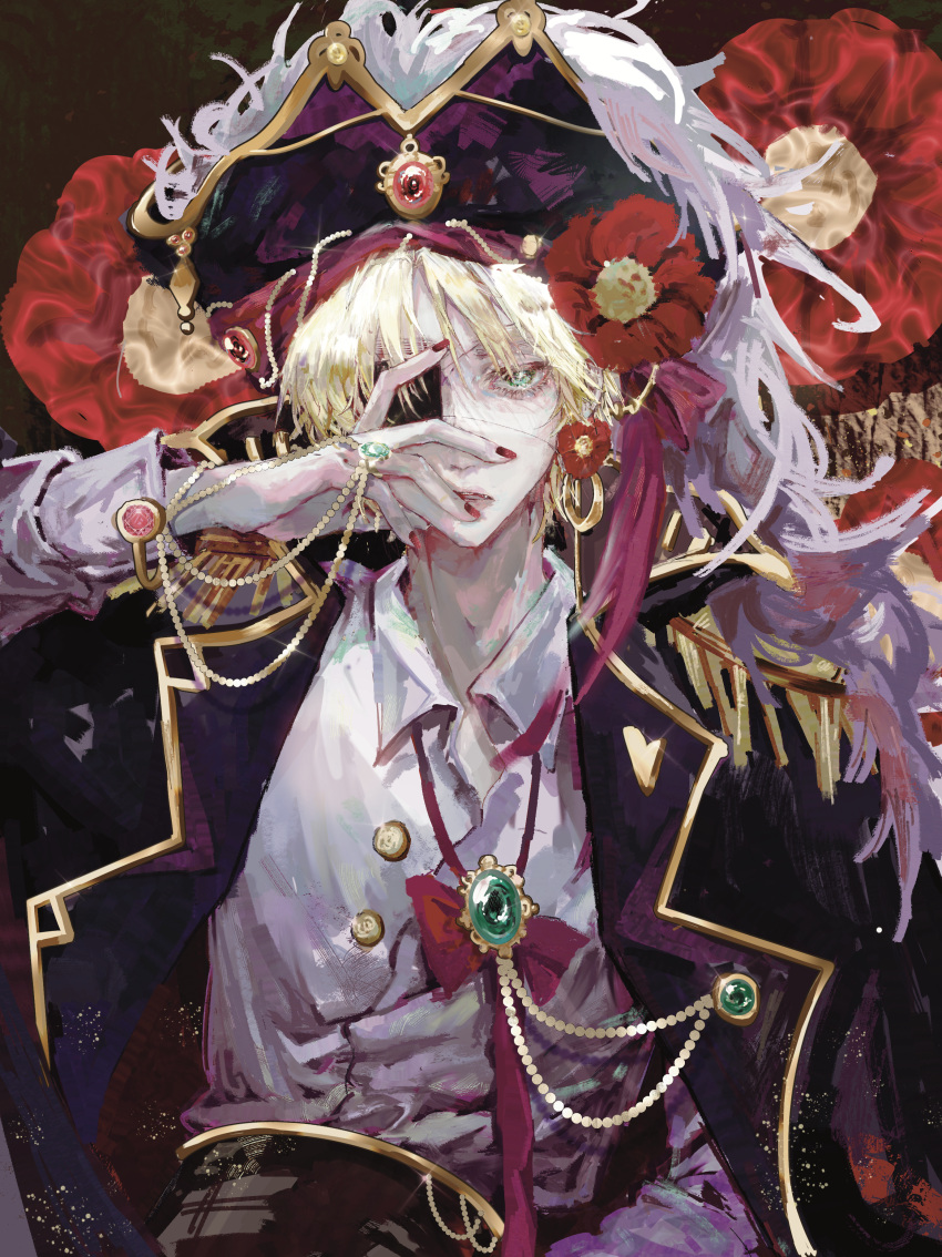 Safebooru - 1boy absurdres axis powers hetalia bicorne black coat blonde hair brooch chain coat ...