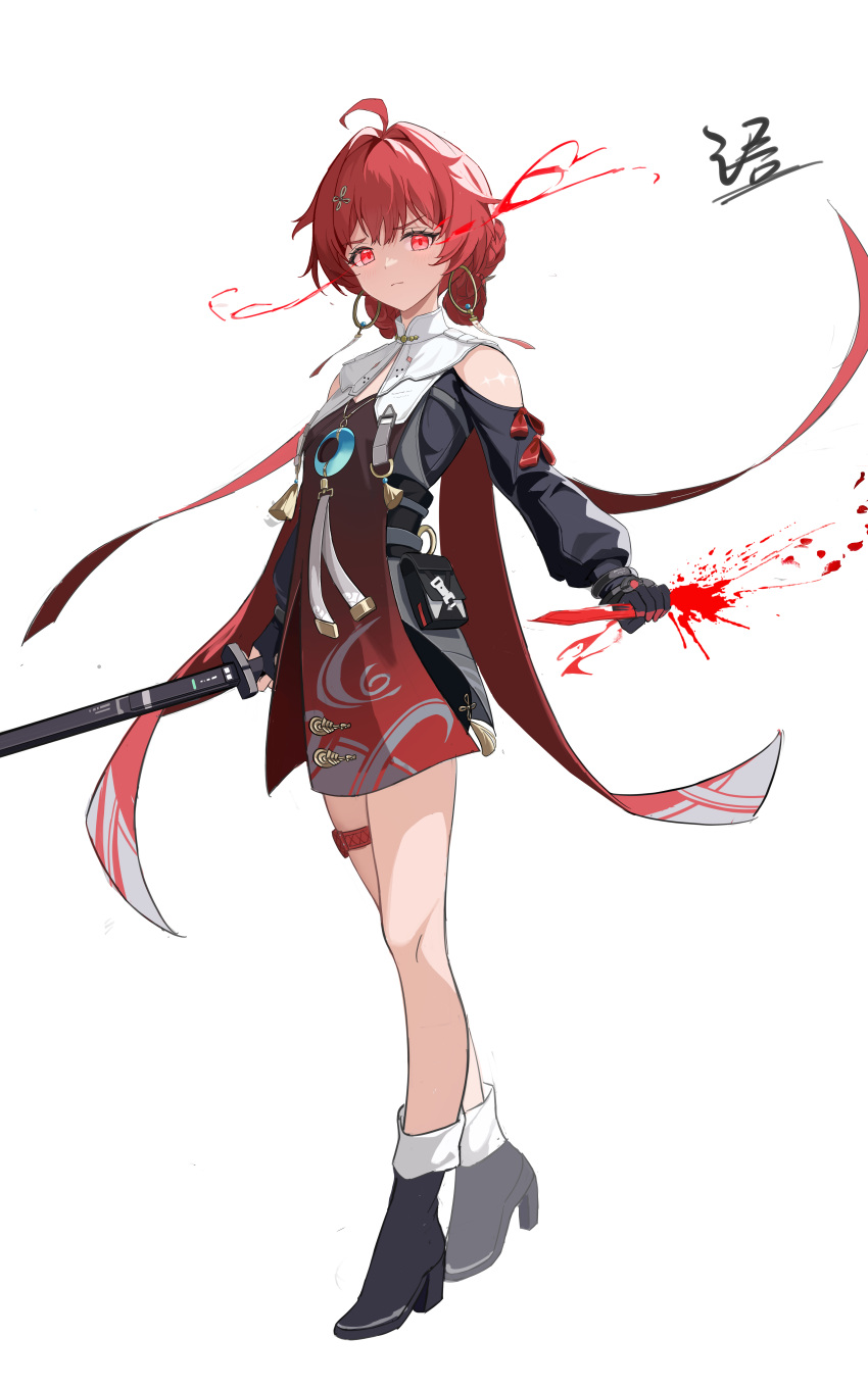 Safebooru - 1girl absurdres ahoge bare legs black footwear blood sword blush body markings boots ...