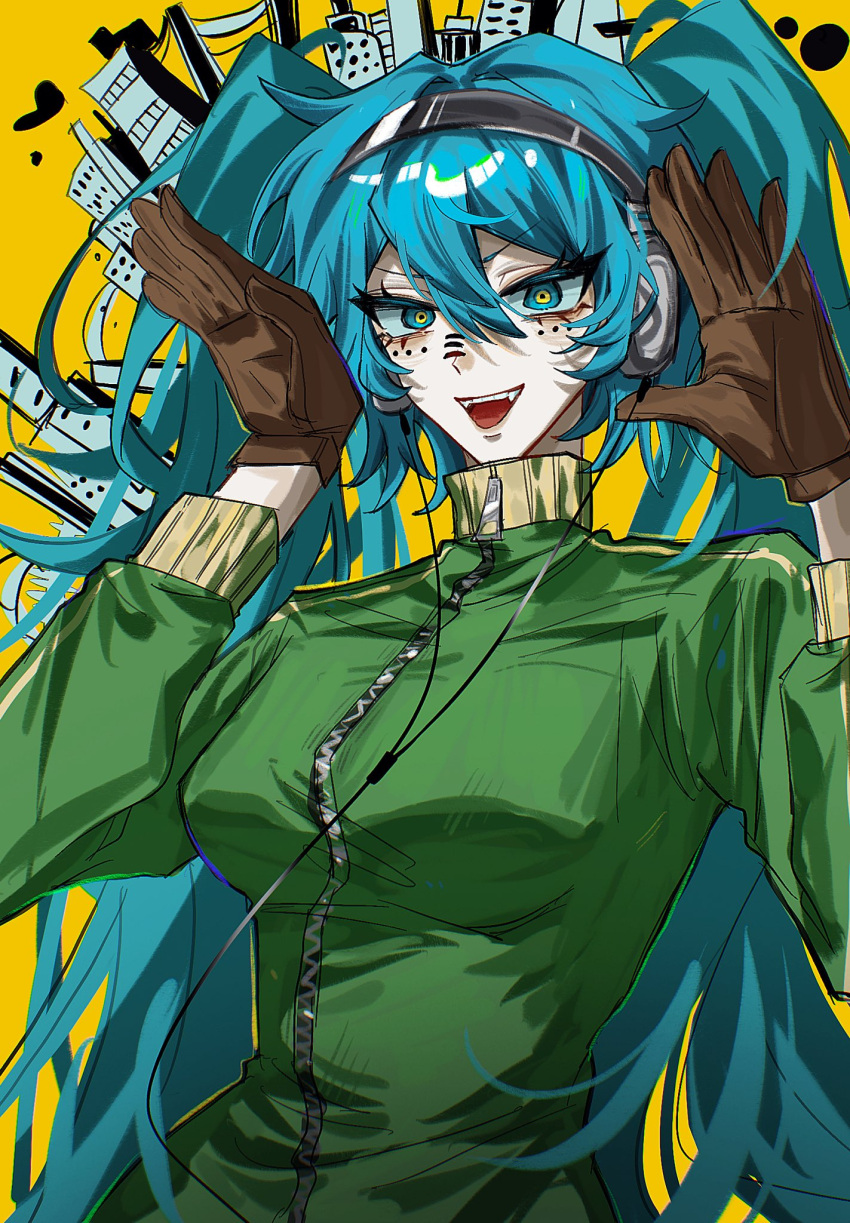 Safebooru - 1girl blue eyes blue hair breasts brown gloves facial mark fangs fanmaiji1101 gloves ...