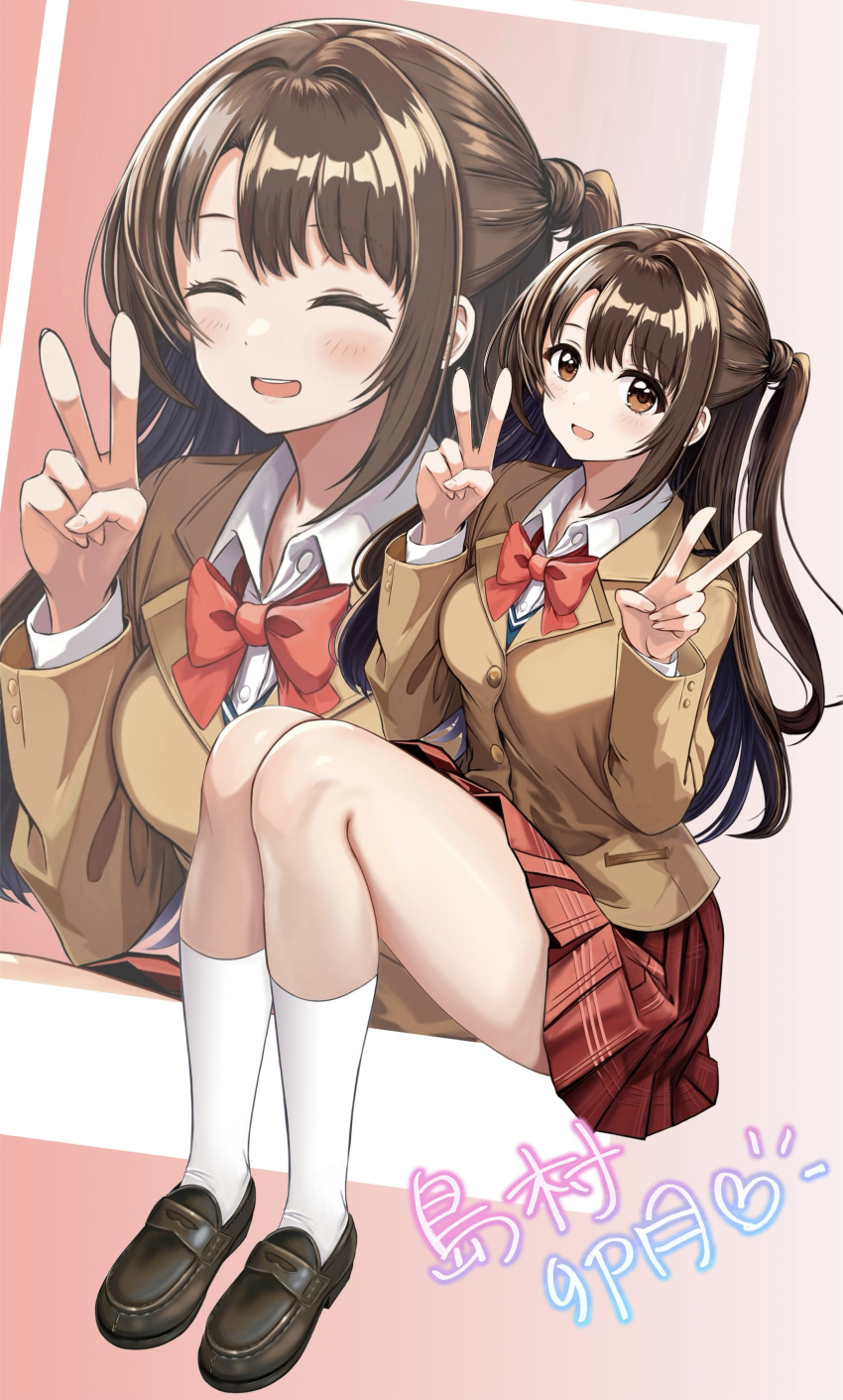 Safebooru - 1girl ^ ^ absurdres blazer blush bow bowtie breasts brown hair brown jacket closed ...