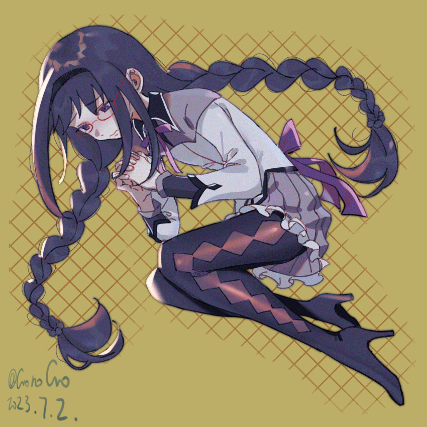 Safebooru - 1girl akemi homura argyle clothes argyle footwear artist name back bow black ...