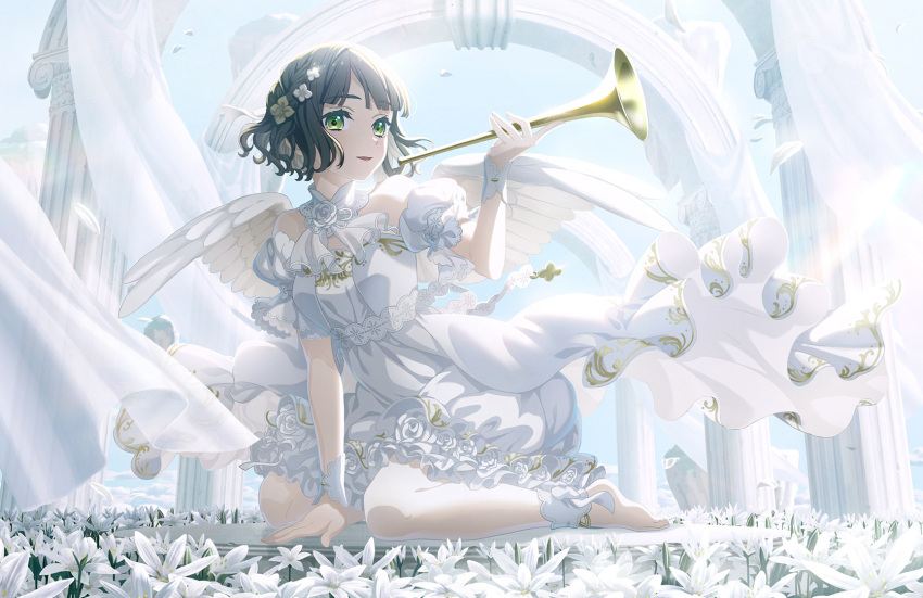 Safebooru - 1girl above clouds angel wings arch backlighting barefoot black hair blunt bangs ...