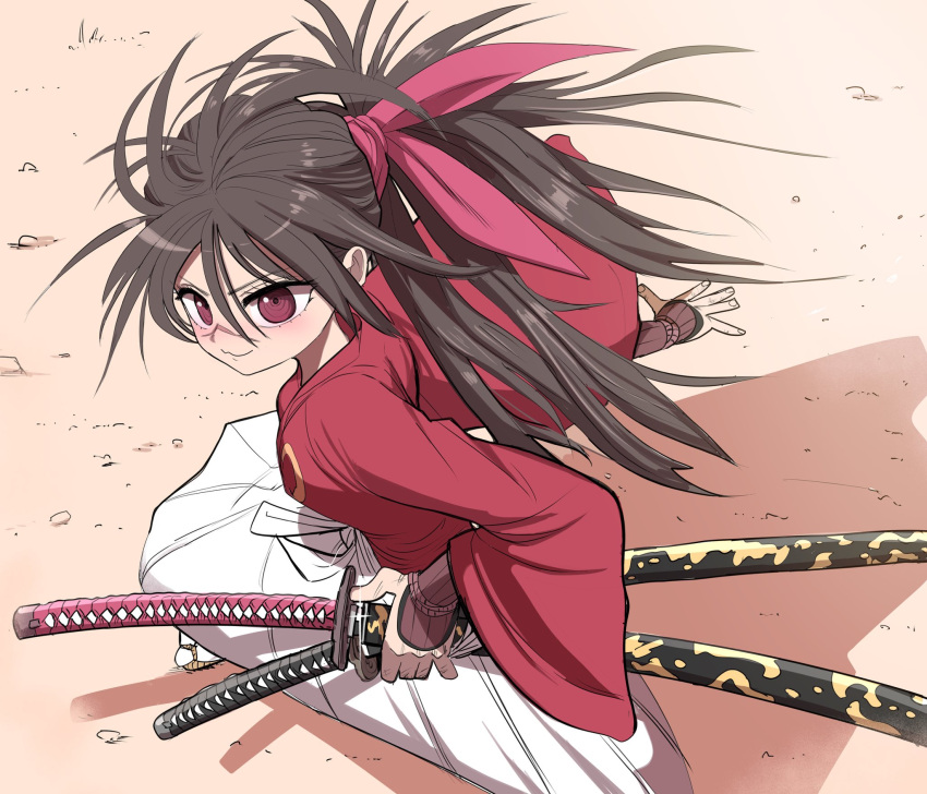 Safebooru - 1girl :3 black hair breasts from above full body hair ribbon hakama hakama pants ...