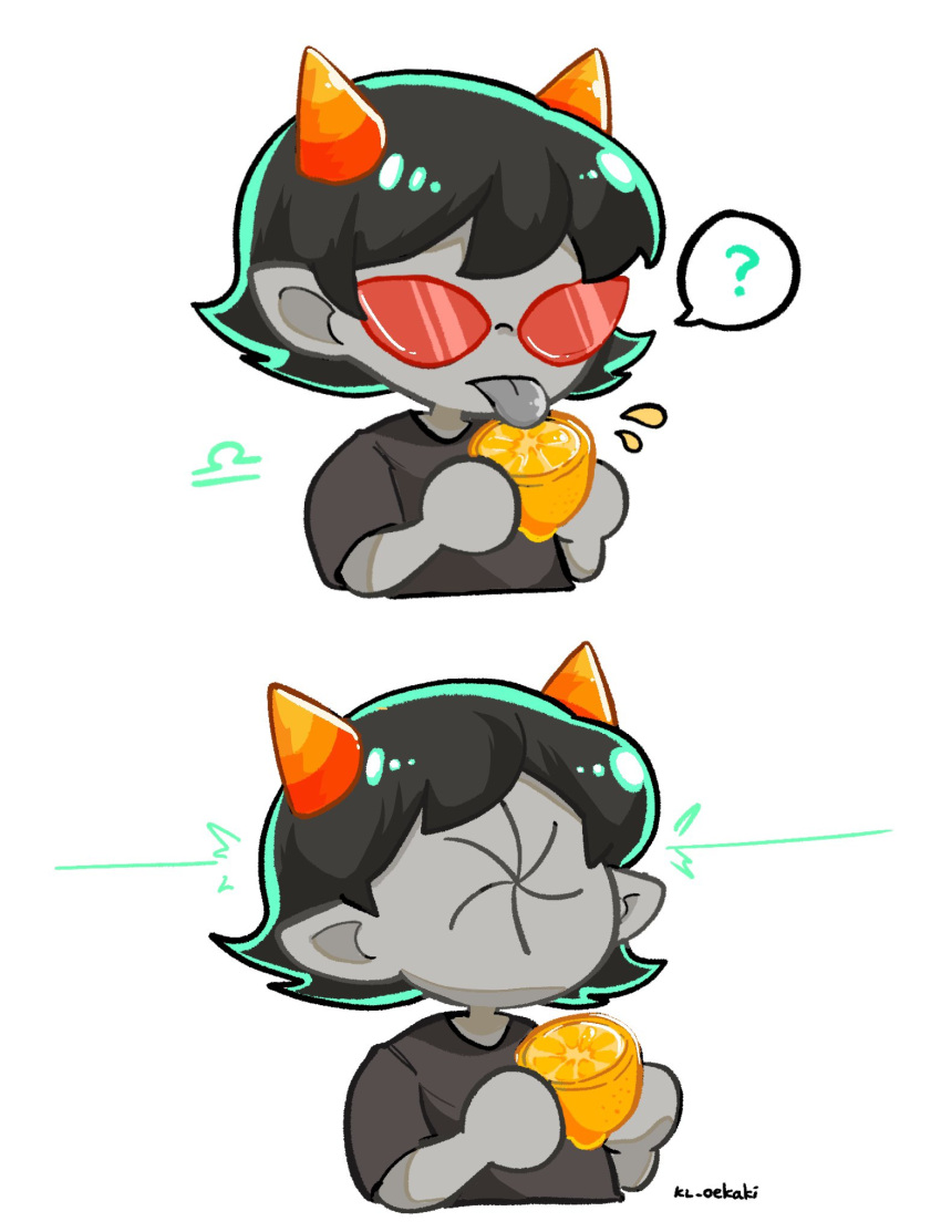 Safebooru - 1girl black hair colored skin food fruit grey skin grey ...