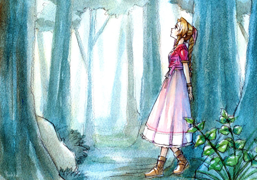 Safebooru - 1girl aerith gainsborough arms behind back bangle boots bracelet braid braided ...