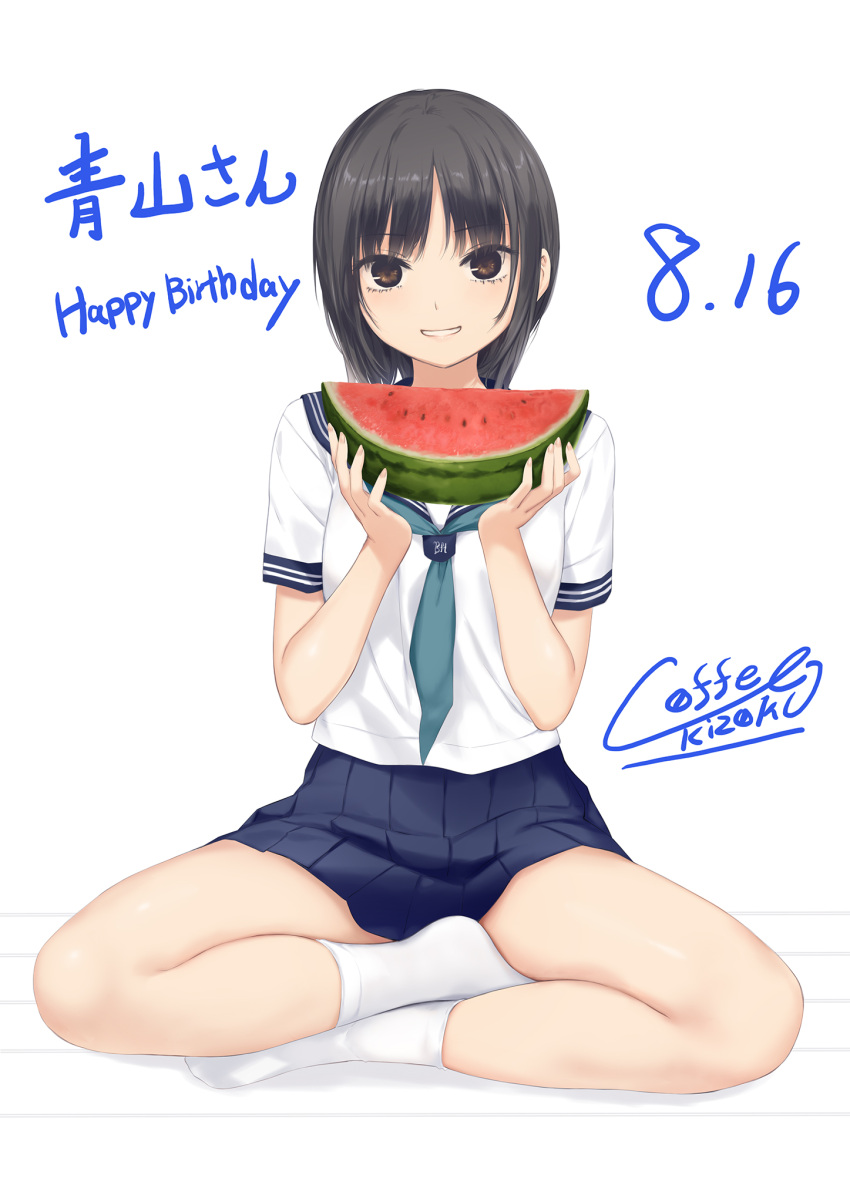 Safebooru - 1girl aoyama sumika black hair blue eyes blue sailor collar blue skirt coffee-kizoku ...