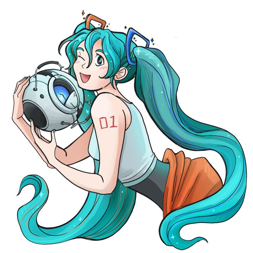 Safebooru - 1girl 1other ;d aqua hair arm tattoo bee rosmyth blue eyes ...