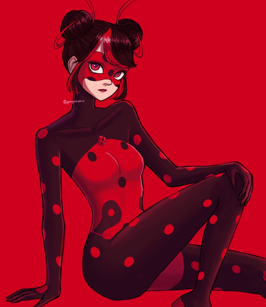 Safebooru - 1girl black hair bodysuit bug double bun gongonsrr hair bun highres ladybug looking ...