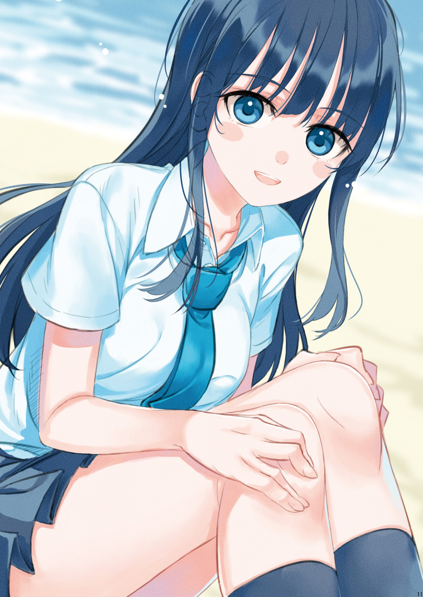 Safebooru - 1girl amamiya chiharu black hair blue eyes blue necktie breasts collarbone hands on ...