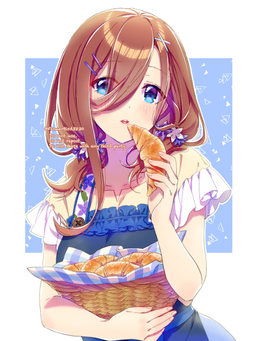 Safebooru - 1girl apron basket blue apron blue eyes blush brown hair croissant dress flower food ...