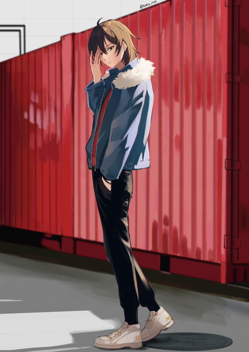 Safebooru - 1boy absurdres ahoge black pants blue jacket brown hair commentary request earclip ...