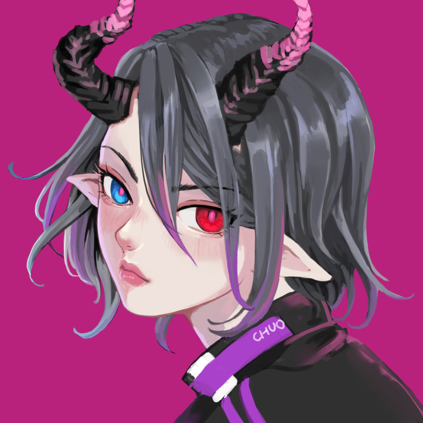 Safebooru - 1girl black horns black shirt blue eyes chinese commentary closed mouth colored tips ...