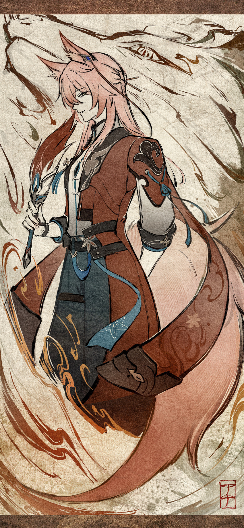 Safebooru - 1boy absurdres animal ears anna (drw01) arm behind back blue pants coat commentary ...