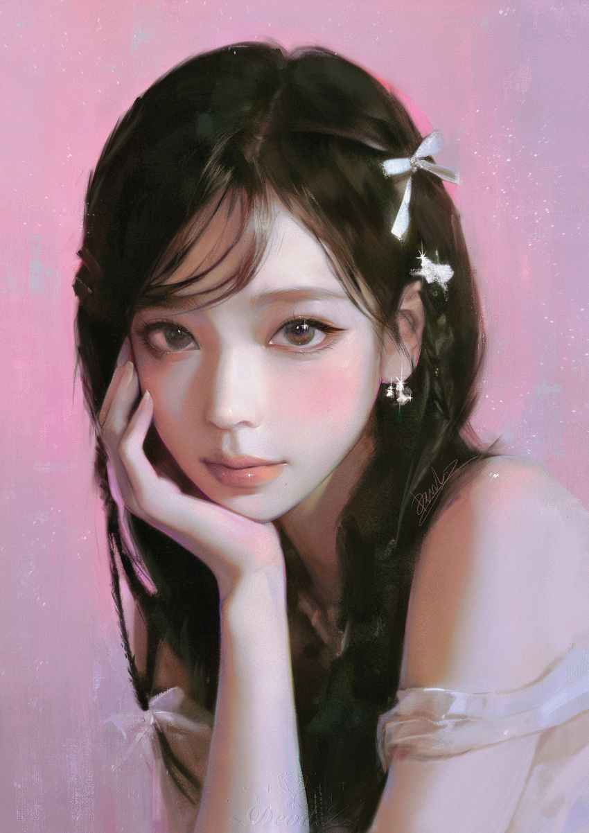 Safebooru - 1girl absurdres aespa asian blush bow brown hair devilzong dress grey bow hair bow ...