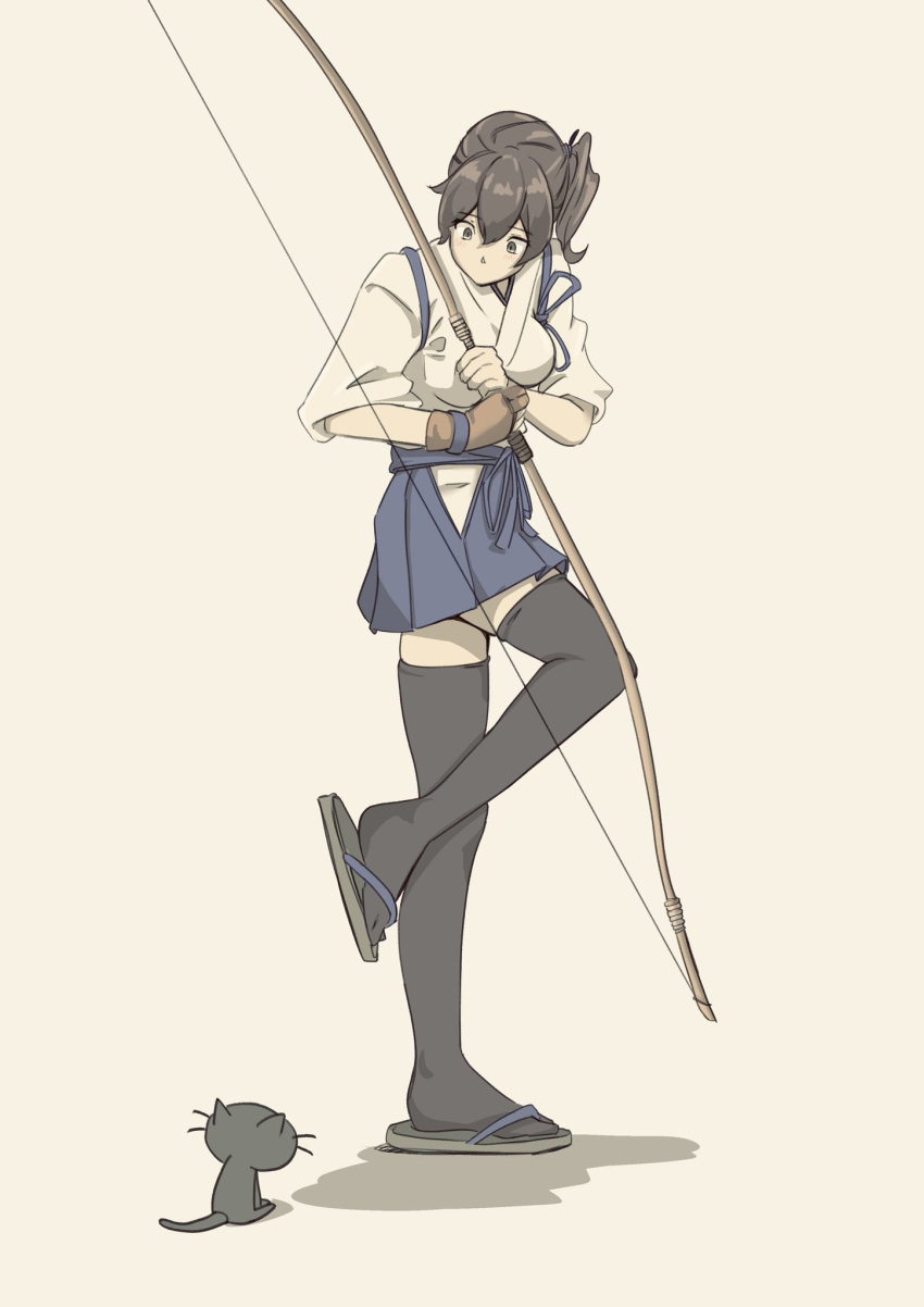 Safebooru - 1girl black cat black thighhighs blue hakama bow (weapon ...