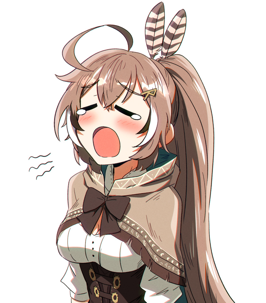 Safebooru - 1girl ahoge brown capelet brown hair capelet closed eyes ddolbang feather hair ...