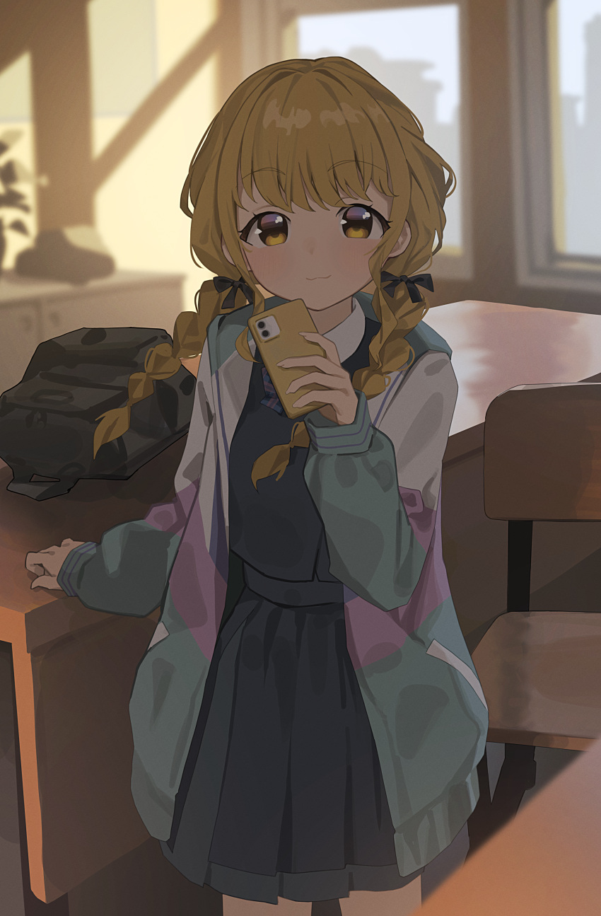 Safebooru - 1girl absurdres blonde hair blue overskirt blue vest blush braid cellphone classroom ...