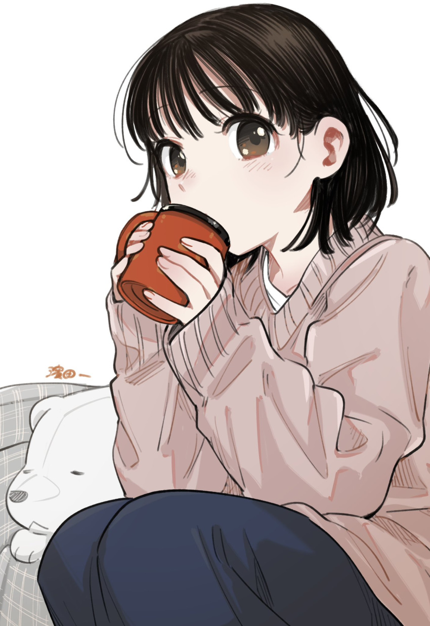 Safebooru - 1girl black hair blue pants brown eyes brown sweater character request commentary ...