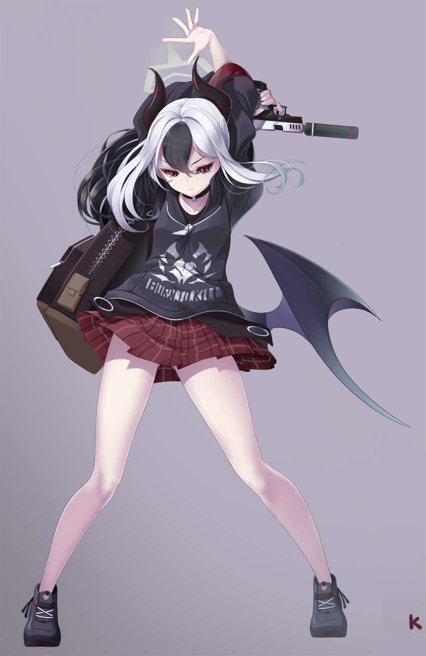 Safebooru - 1girl absurdres black choker black footwear black hair black hoodie black horns blue ...