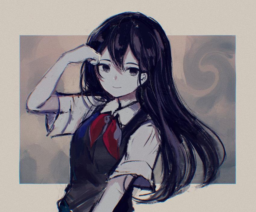 Safebooru - 1girl black eyes black hair black sweater vest border brown border closed mouth ...