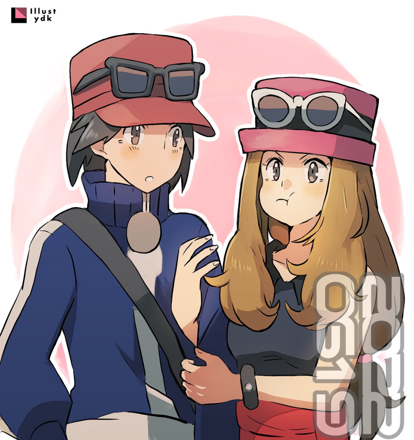 Safebooru - 1boy 1girl arm grab black hair blue jacket calem (pokemon) eyewear on headwear hat ...