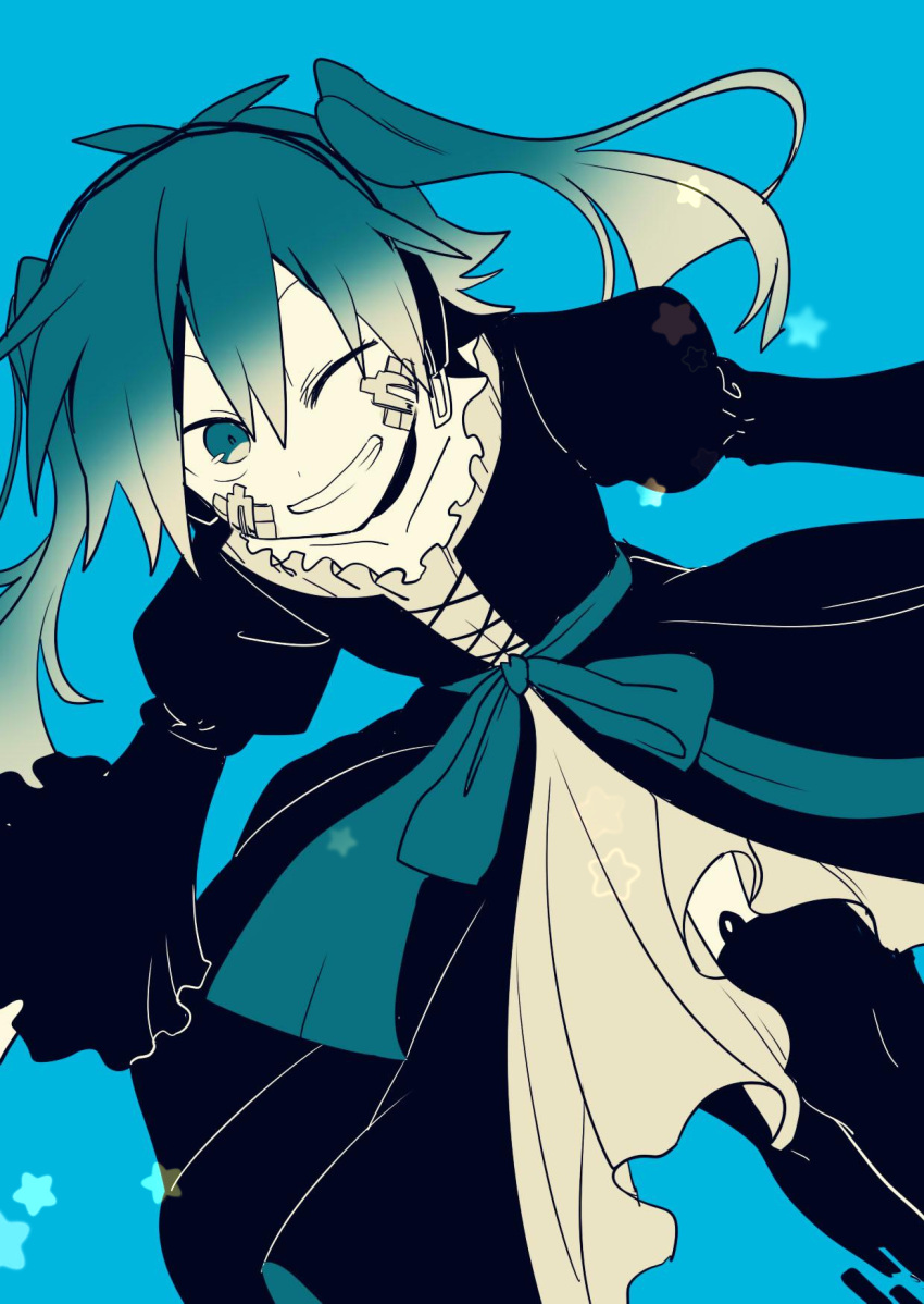 Safebooru - 1girl aqua eyes aqua hair black dress black pantyhose blue background blue ribbon ...