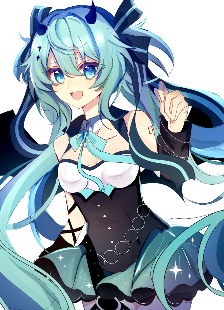 Safebooru - 1girl :d absurdres aqua ribbon aqua skirt arm at side black arm warmers blue eyes ...