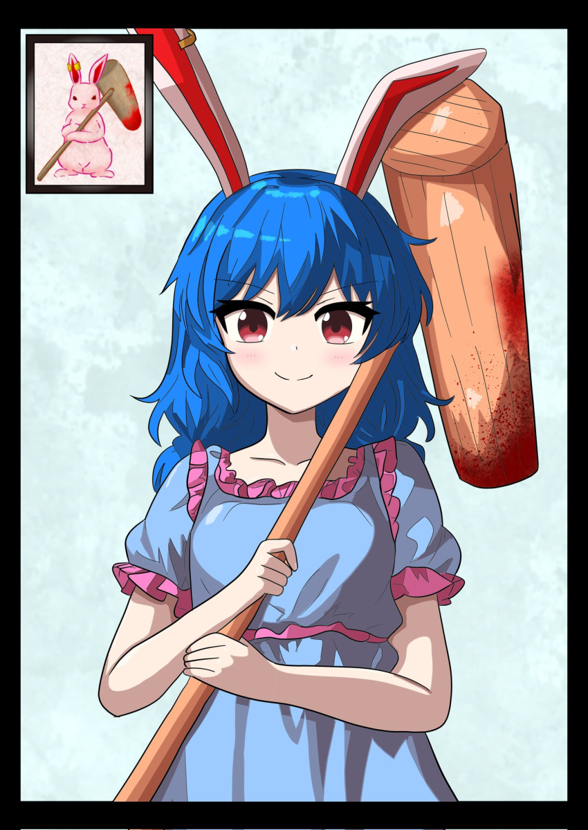 Safebooru - 1girl ambiguous red liquid animal ears aqua background black border blue dress blue ...