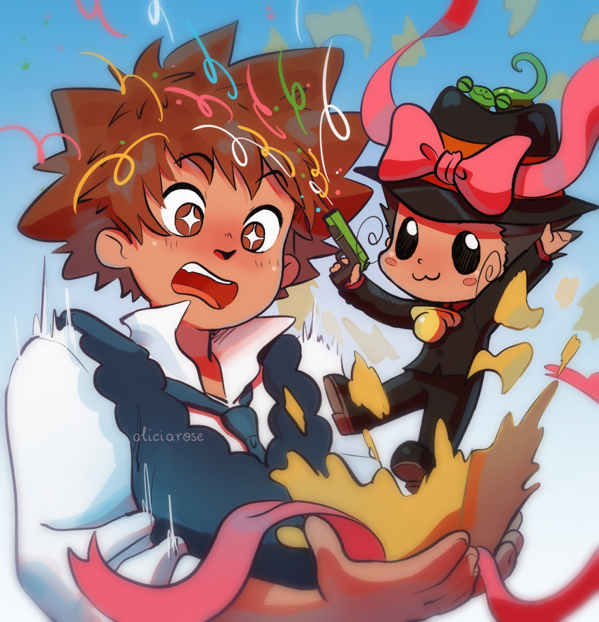 Safebooru - 2boys :3 alicia rose artist name brown hair confetti ...