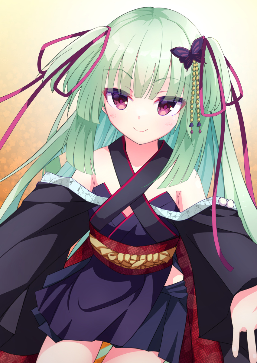 Safebooru - 1girl absurdres bare shoulders black kimono blunt bangs ...